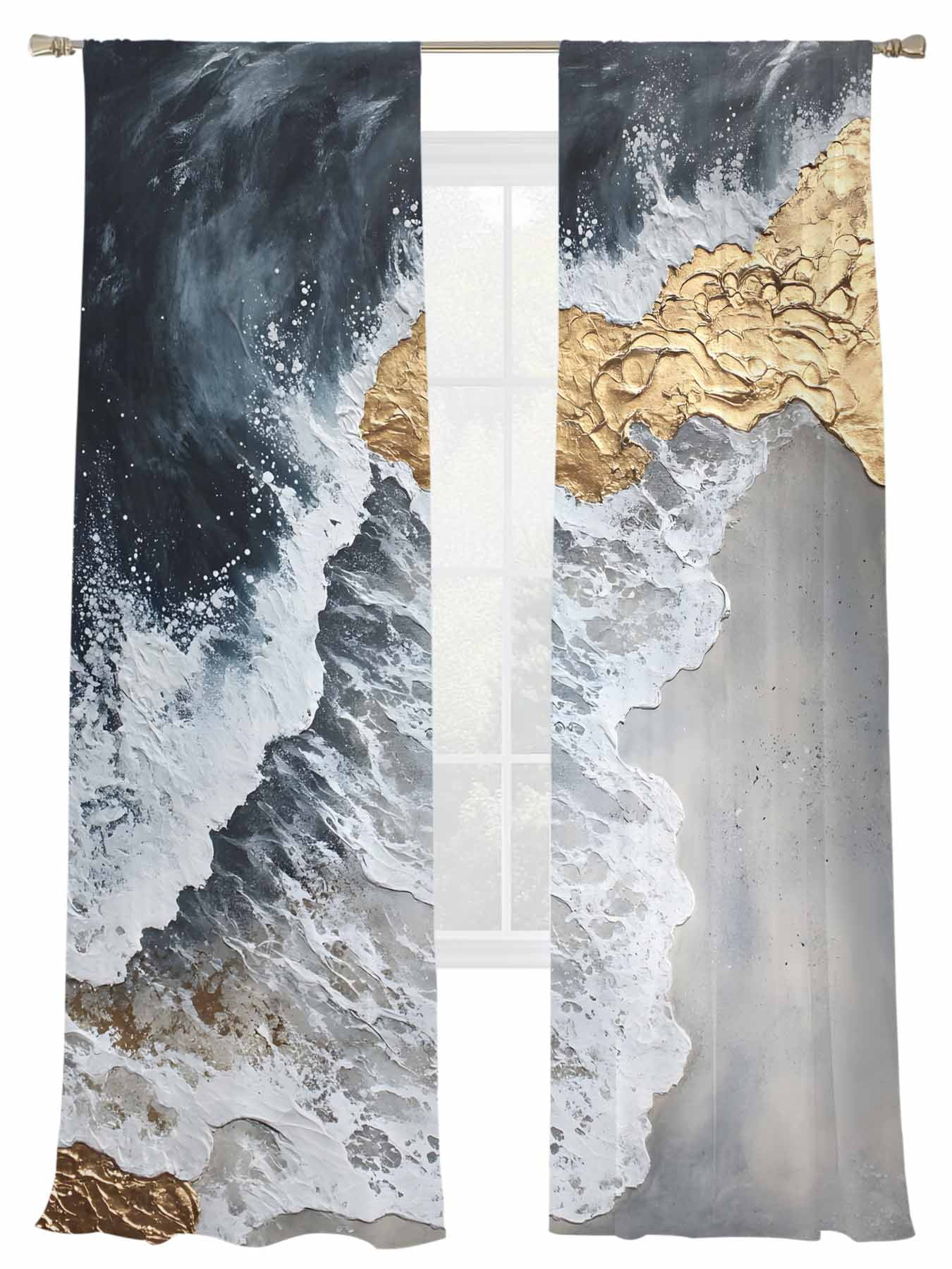 Blue Gold Sheer Curtains for Living Room Bedroom, Light-filtering Sheer ...