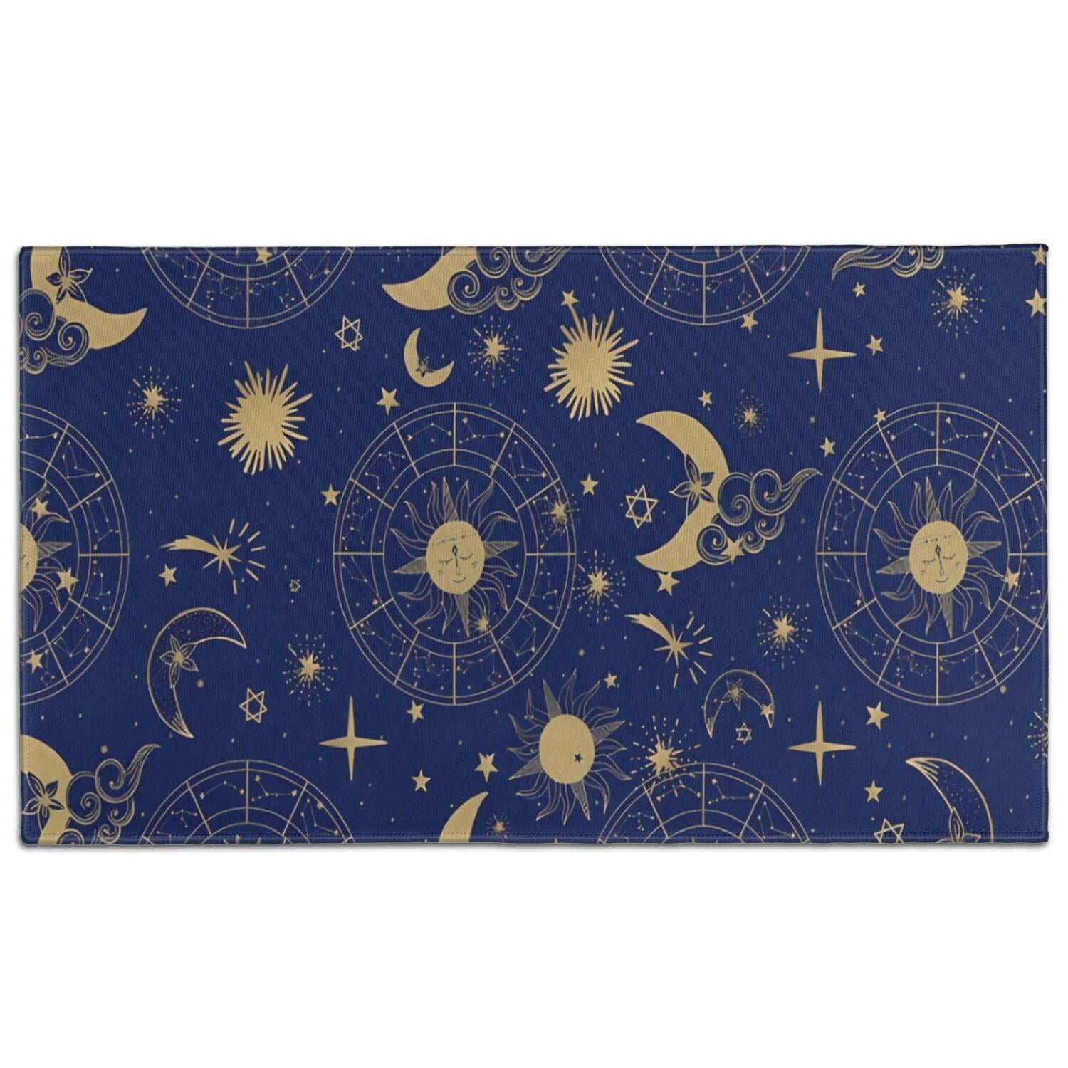 Blue Gold Sun Moon Star Pattern Door Rugs,Washable Non Slip Door Mats ...