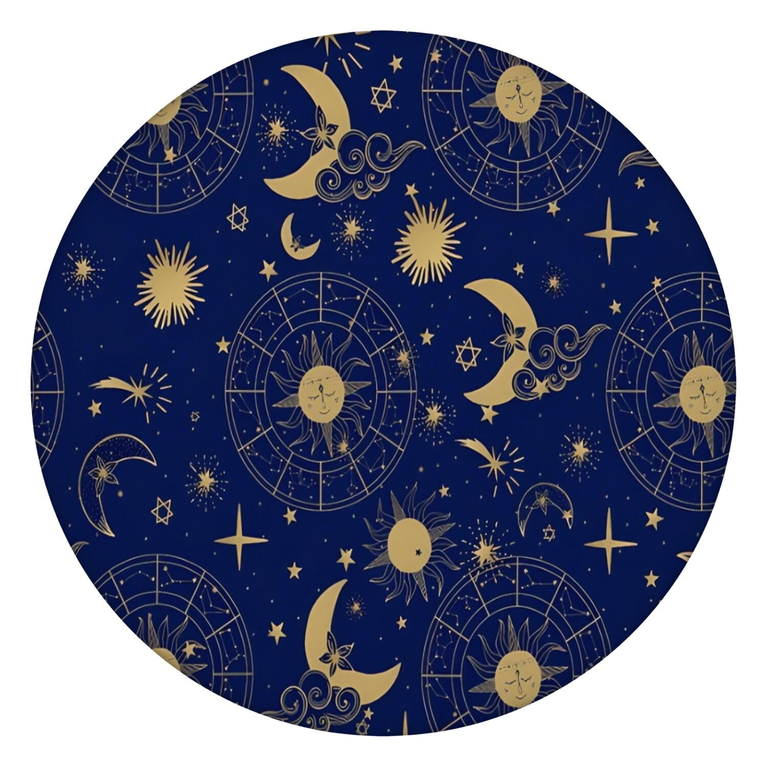 Blue Gold Sun Moon Star Pattern Round Fitted Tablecloth with Elastic ...