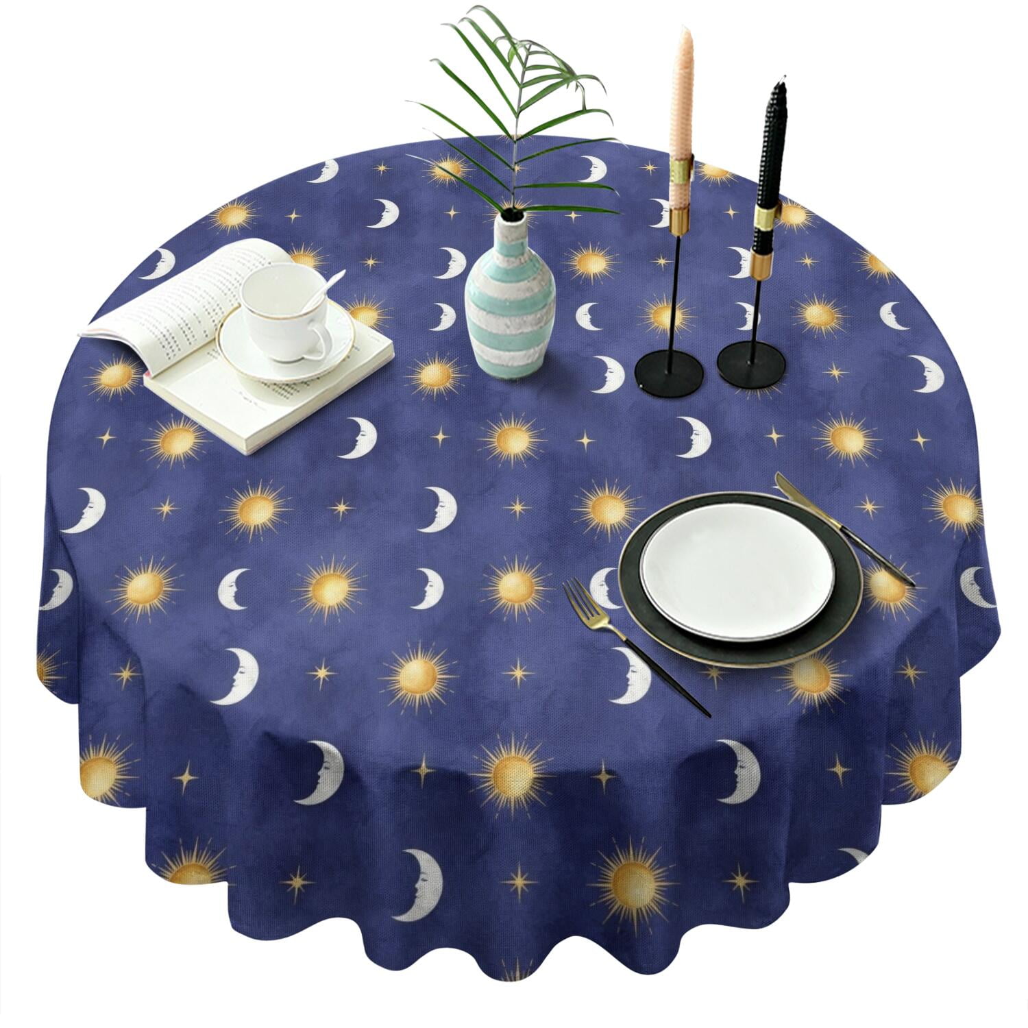 Blue Gold Sun Moon Star Pattern Round Tablecloth 60"x60",Wrinkle ...