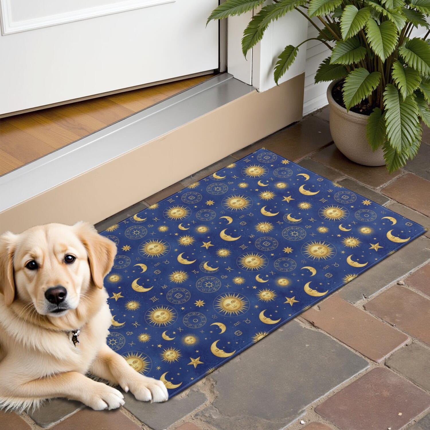 Blue Gold Sun Moon Star Zodiac Pattern Door Rugs,Washable Non Slip Door ...