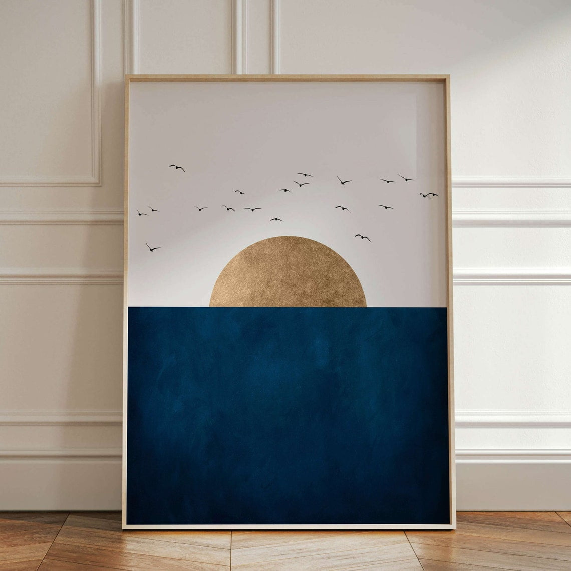 Blue And Gold Sun Wall Art Print, Birds, Golden, Japanese Wall Art ...