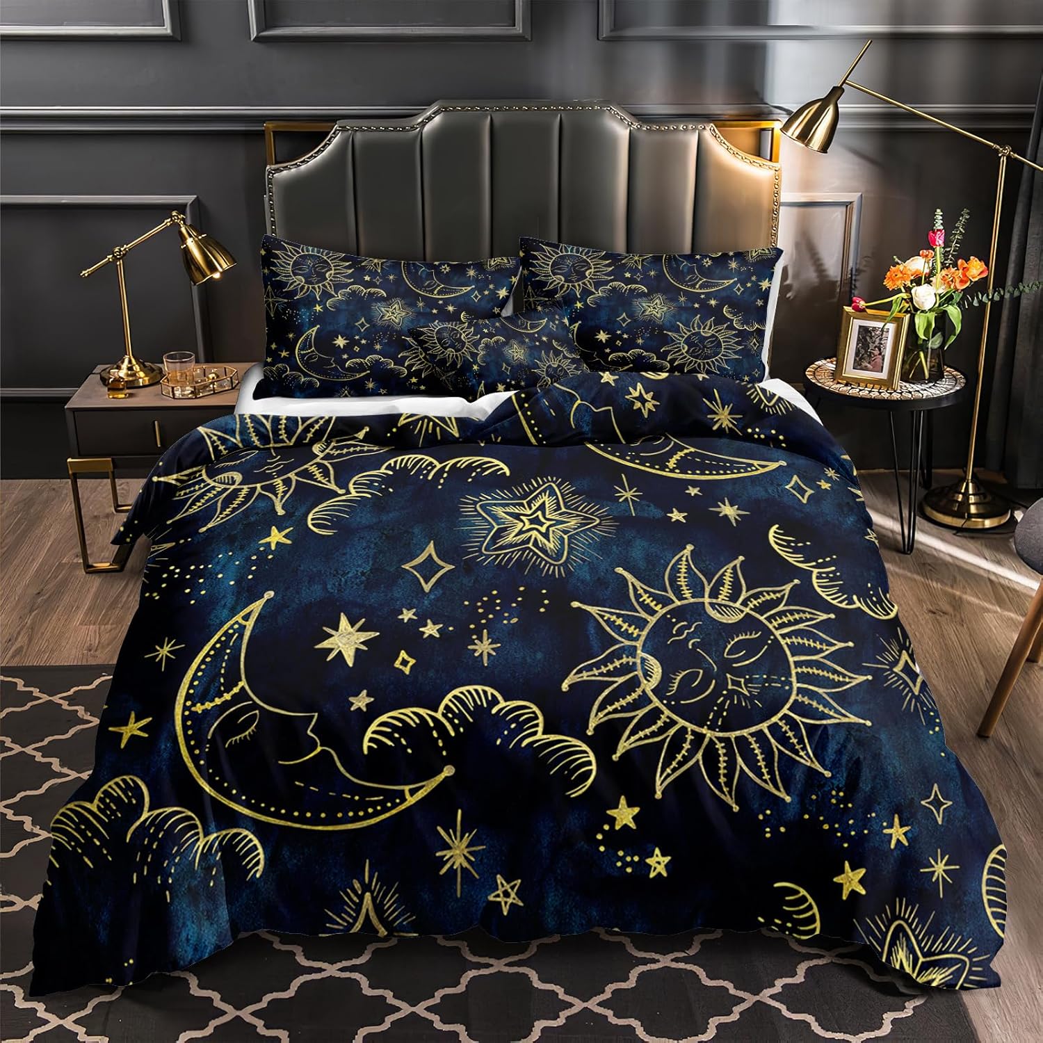 Blue Gold Sun and Moon Comforter Set Queen Size Bedding with Universe ...