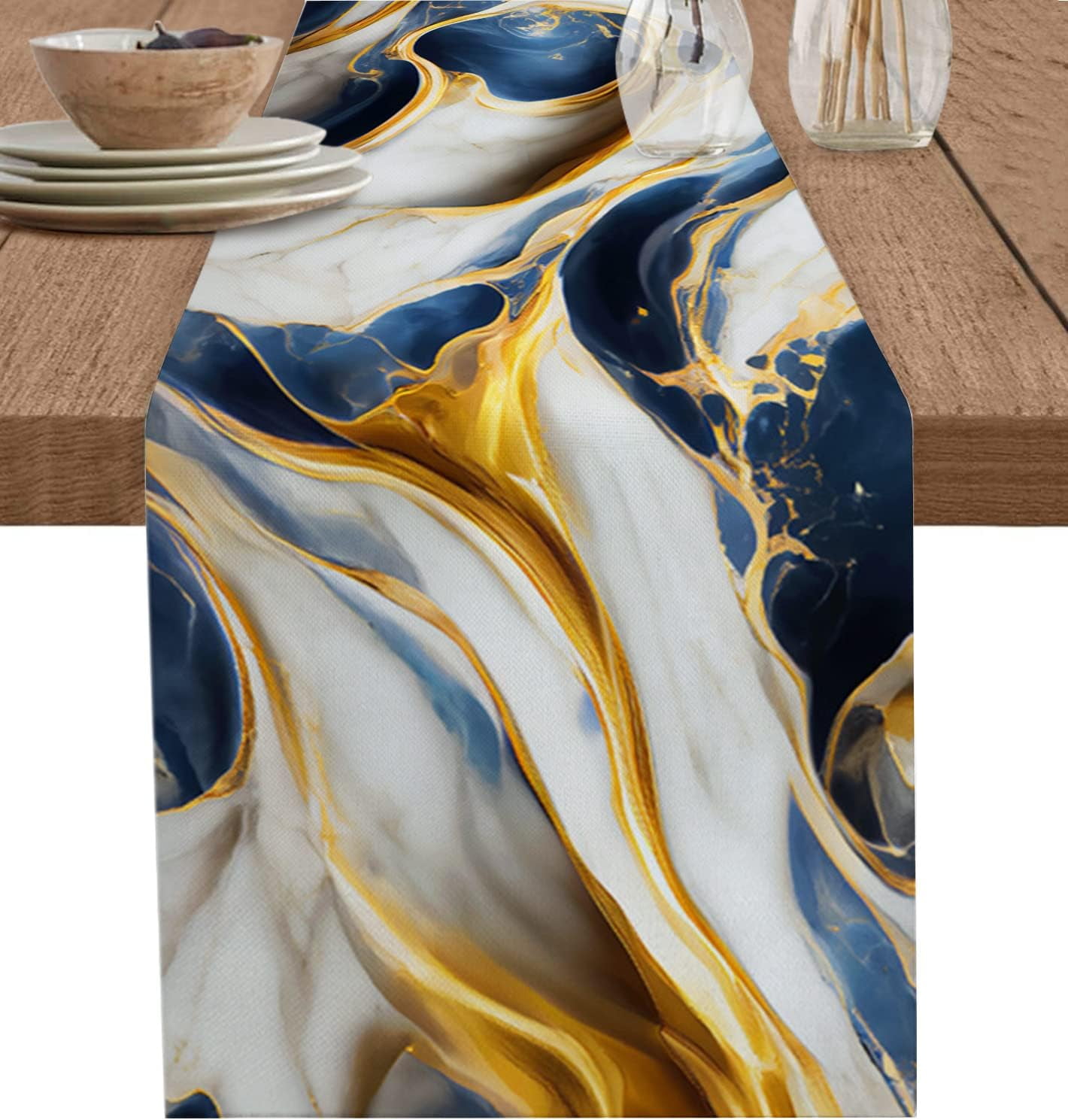 Blue Gold Table Runner 90 Inches Long Cotton Linen Kitchen Dinner Table ...