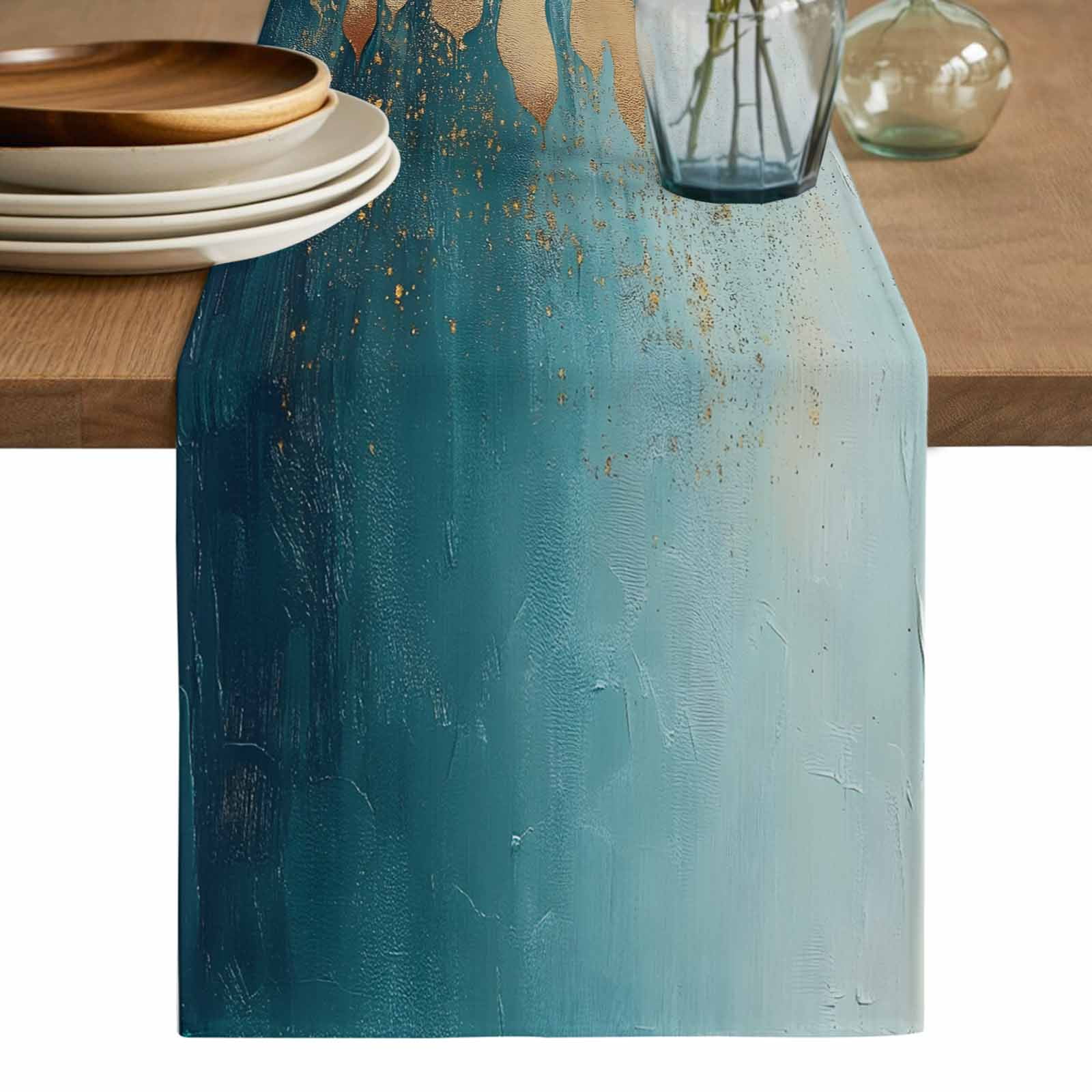 Blue Gold Table Runner, Abstract Simple Minimalist Art Washable Cotton ...