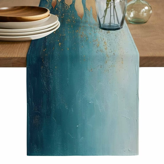 Blue Gold Table Runner, Abstract Simple Minimalist Art Washable Cotton ...