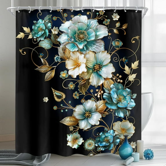 Blue Gold Teal Floral Shower Curtain Plant Flower Peony Turquoise Herbs ...