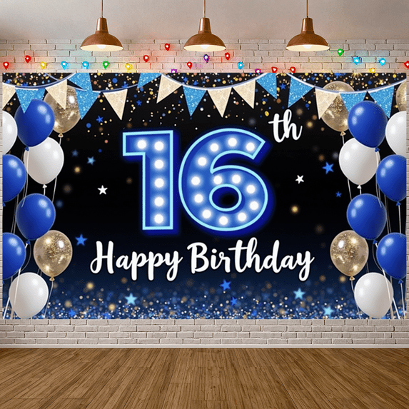 Blue & Gold Theme Happy 16th Birthday Banner Number Sweet 16 Display ...