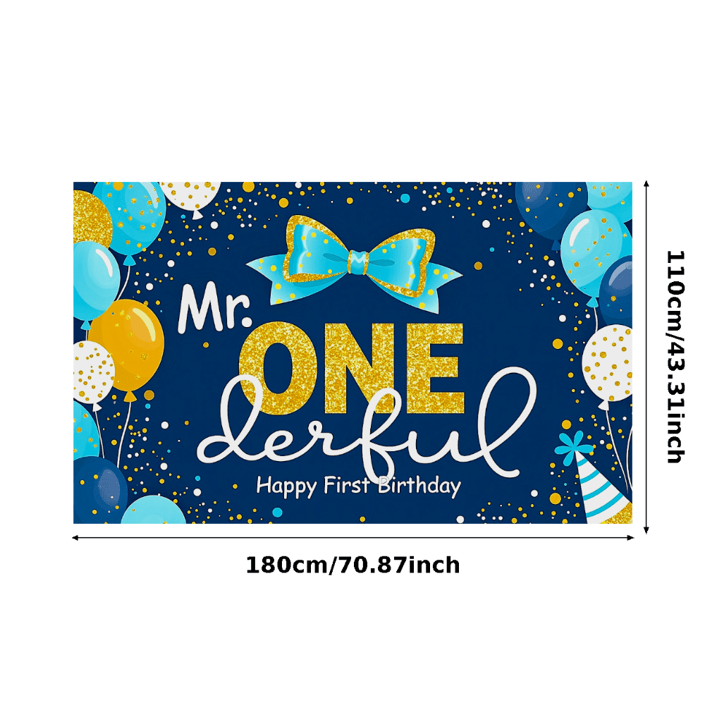 Blue Gold Themed First Birthday Banner with Balloons Bow and Glitter ...