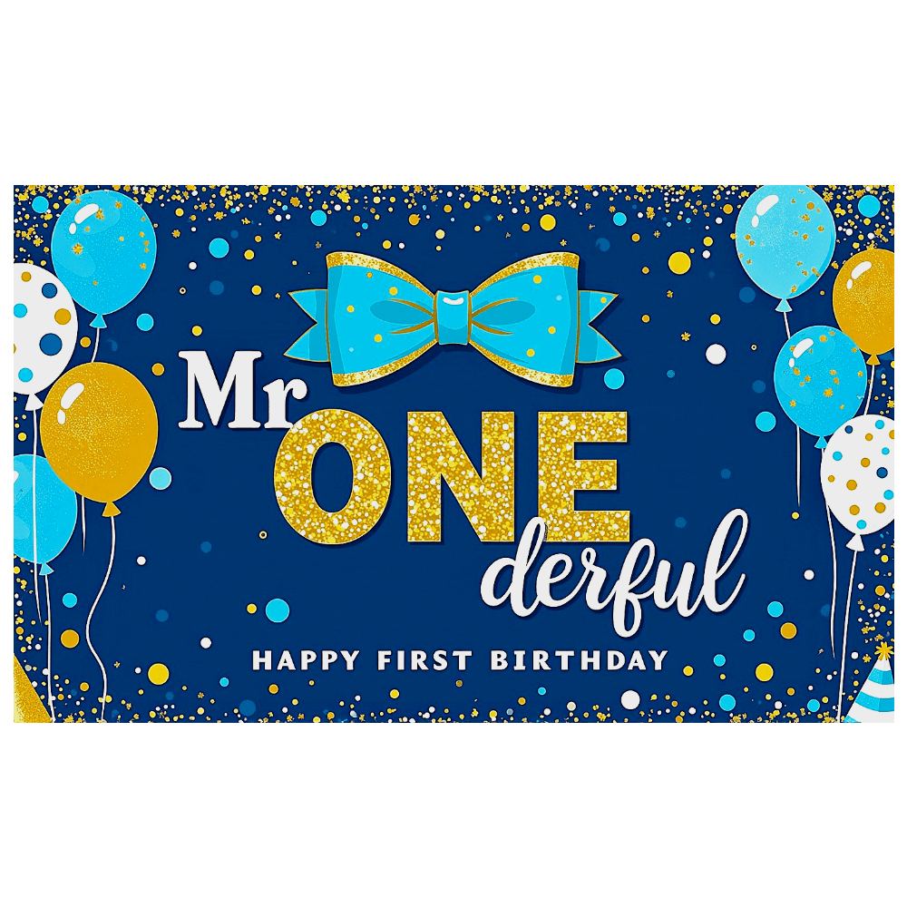 Blue Gold Themed First Birthday Banner with Balloons Bow and Glitter ...