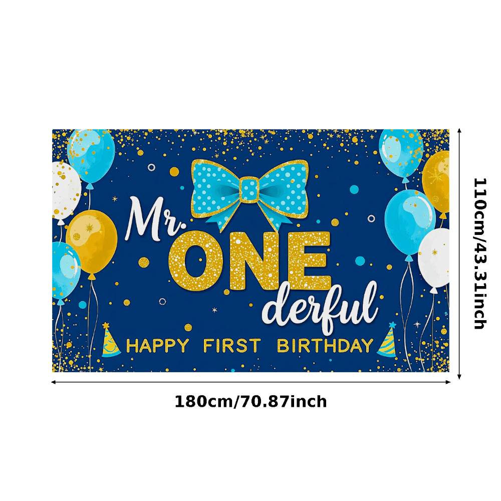 Blue Gold Themed First Birthday Banner with Balloons Bow and Glitter ...