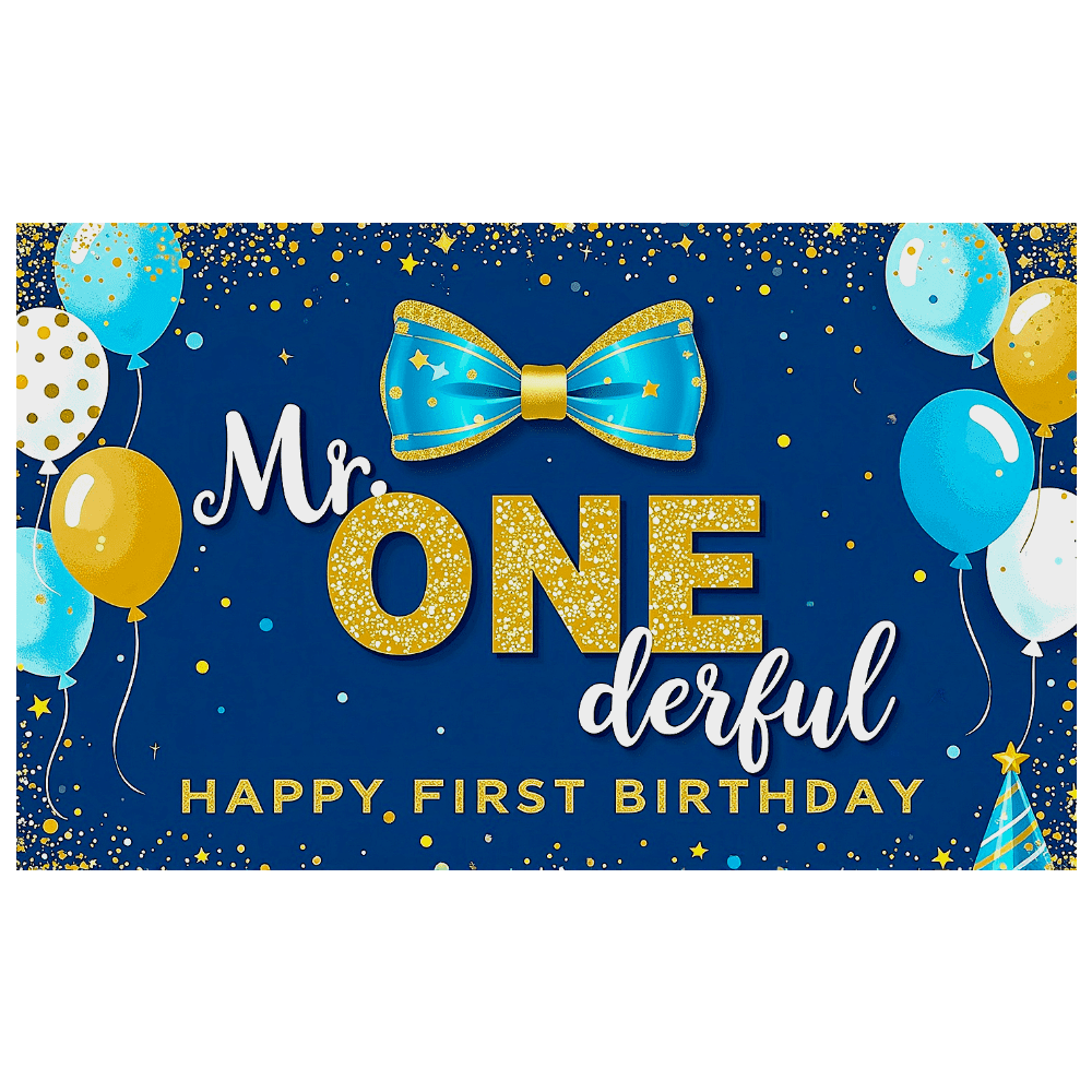 Blue Gold Themed First Birthday Banner with Balloons Bow and Glitter ...