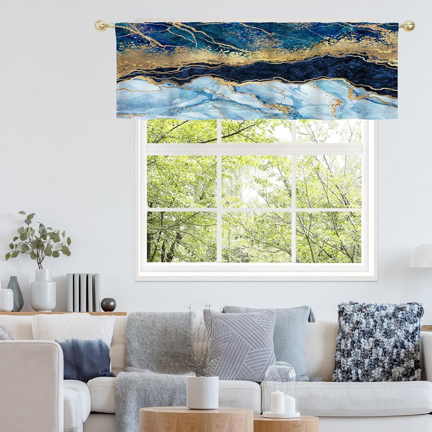 Blue Gold Valance Curtains for Living Room, Marble Pattern Semi Sheer ...