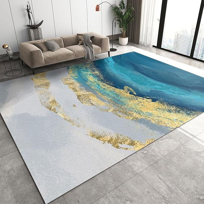 Blue Gold Watercolor Gradient Area Rug, Retro Abstract Luxury ...