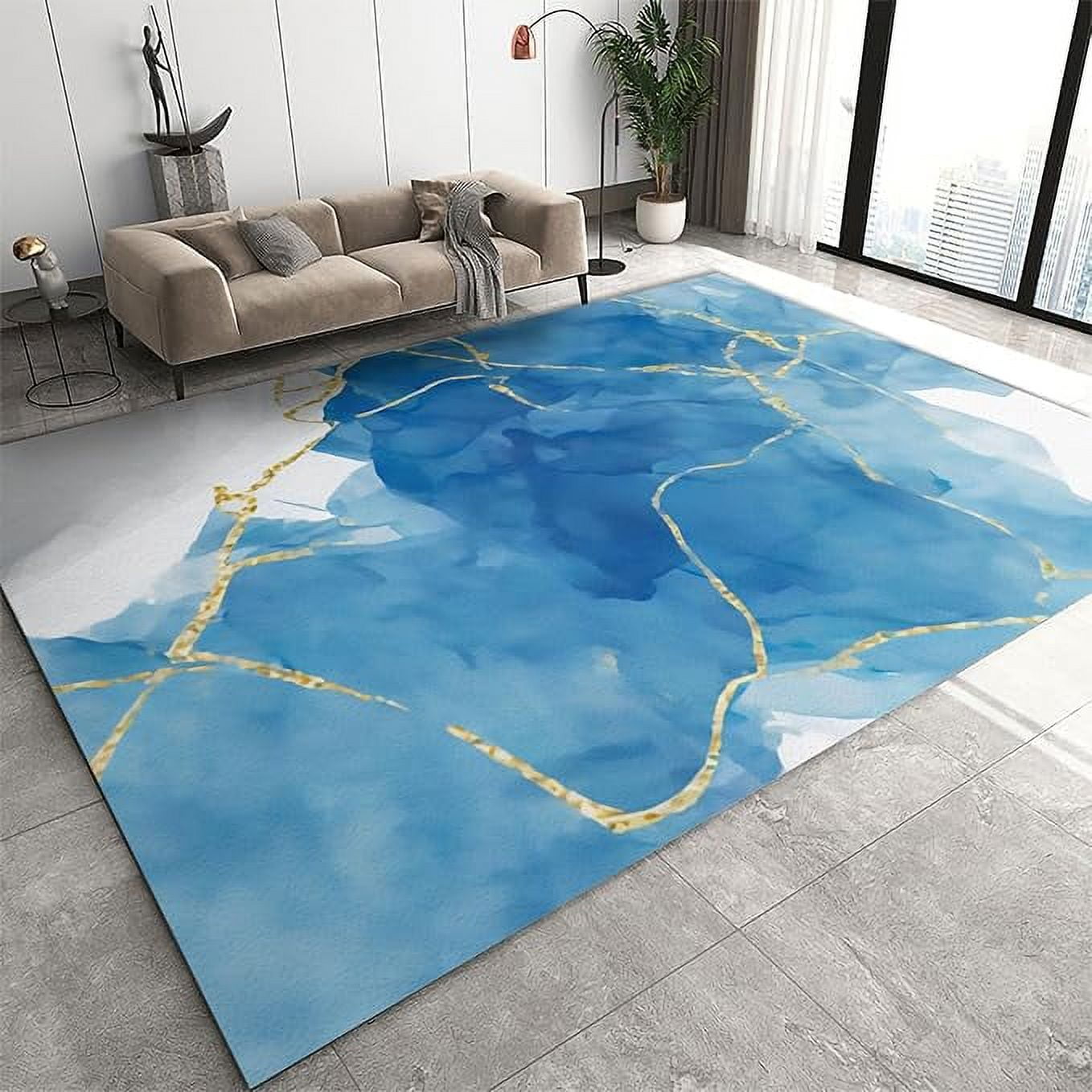 Blue Gold Watercolor Marble Area Rug, Retro Abstract Luxury Entryway ...