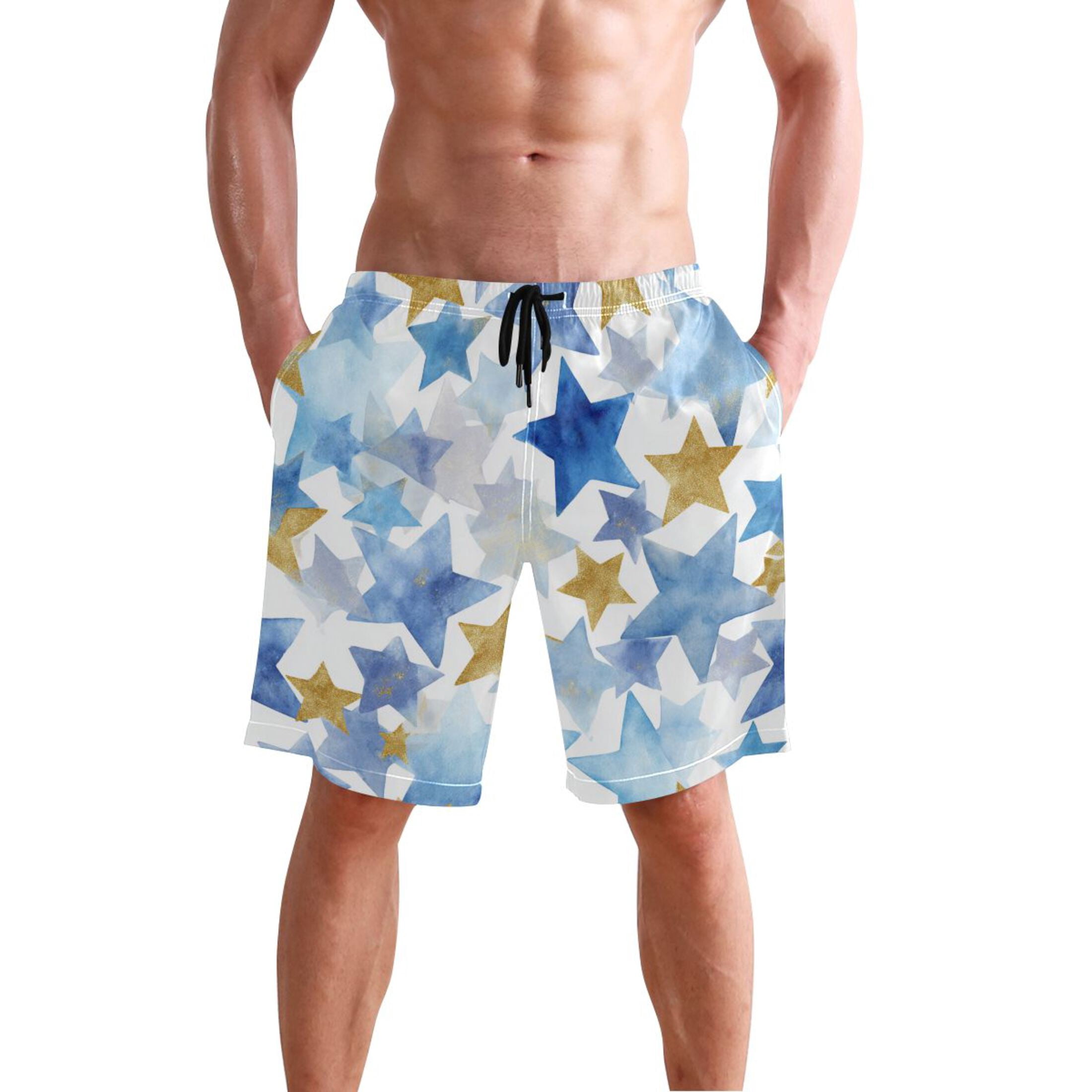 Blue Gold Watercolor Stars Men's Swim Trunks Beach Shorts Bathing ...