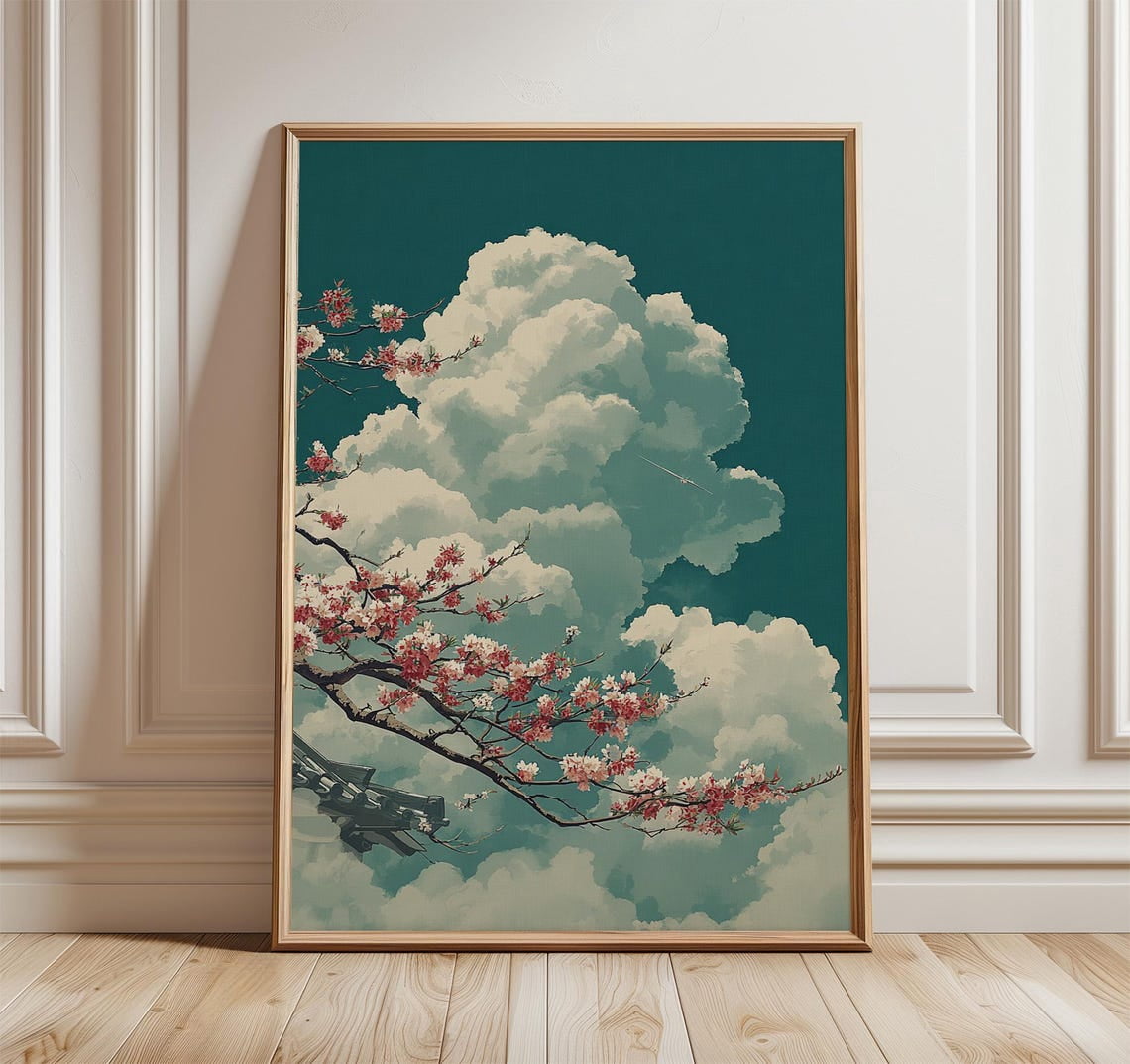 Blue Gold Waterfall Landscape Asian Mountain Elegant Nature Wall Art ...