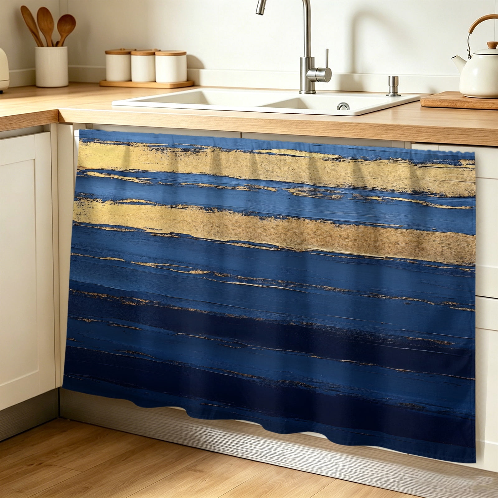 Blue Gold Wave Cabinet Curtain 32"Wx55"L, Dustproof Pantry Door Curtain ...