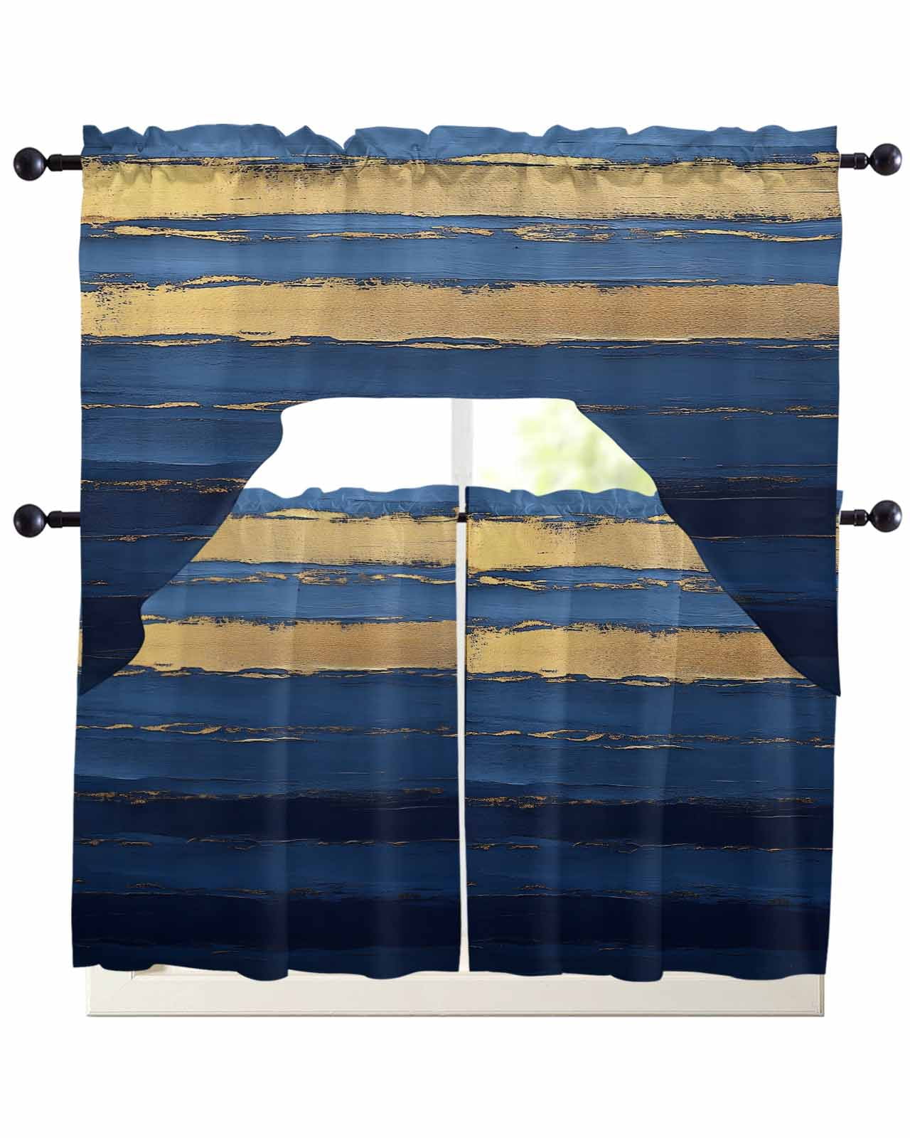 Blue Gold Wave Kitchen Curtains Swag Valance and Tier Curtains Set 24 ...