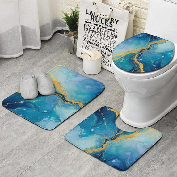 Blue Gold Wave Marble Pattern Bathroom Rugs Sets 3 Piece,Toilet Cover ...
