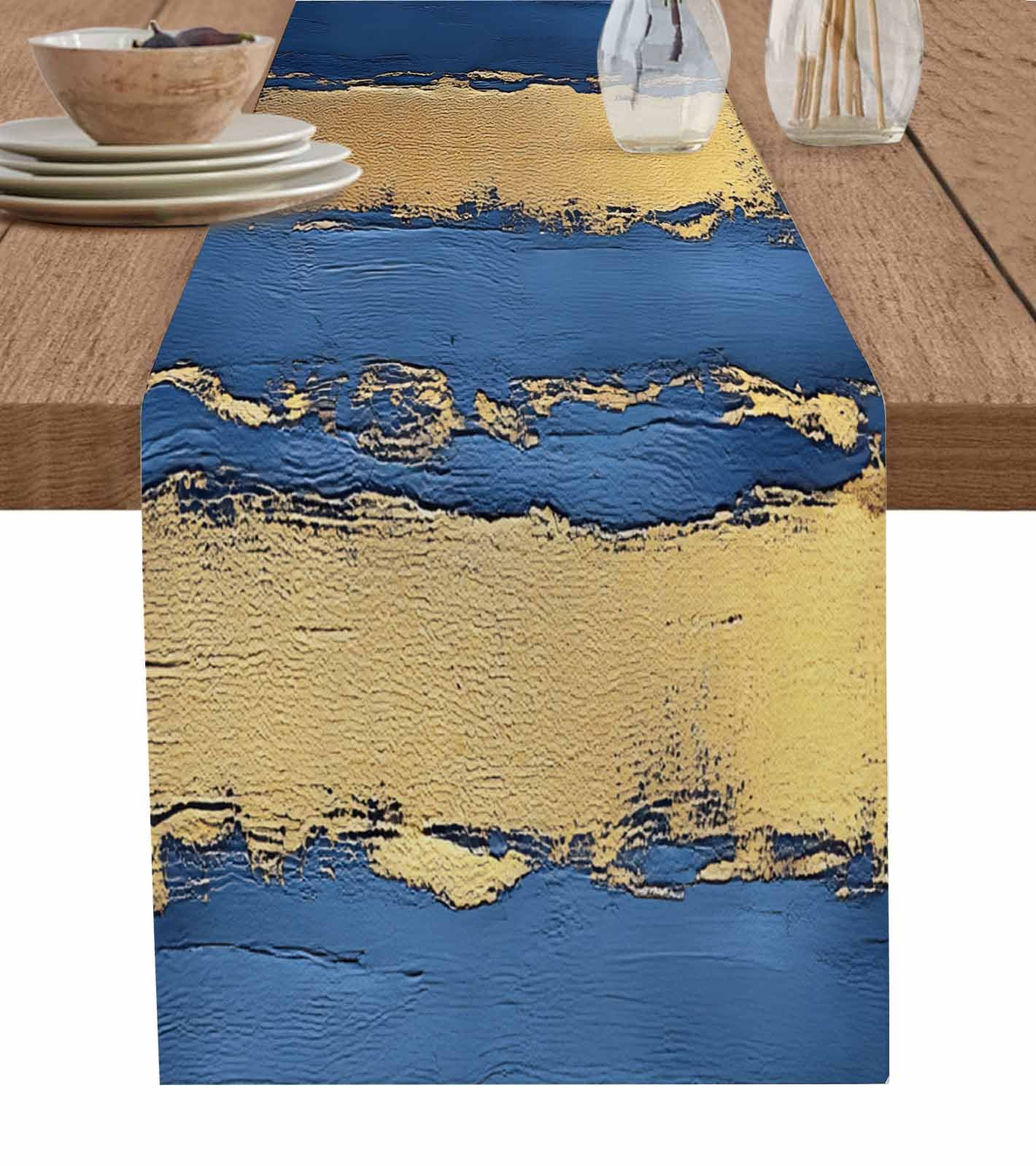 Blue Gold Wave Table Runner 70 Inches, Summer Coastal Ocean Stripe Bed Runner Dresser Scarves ...