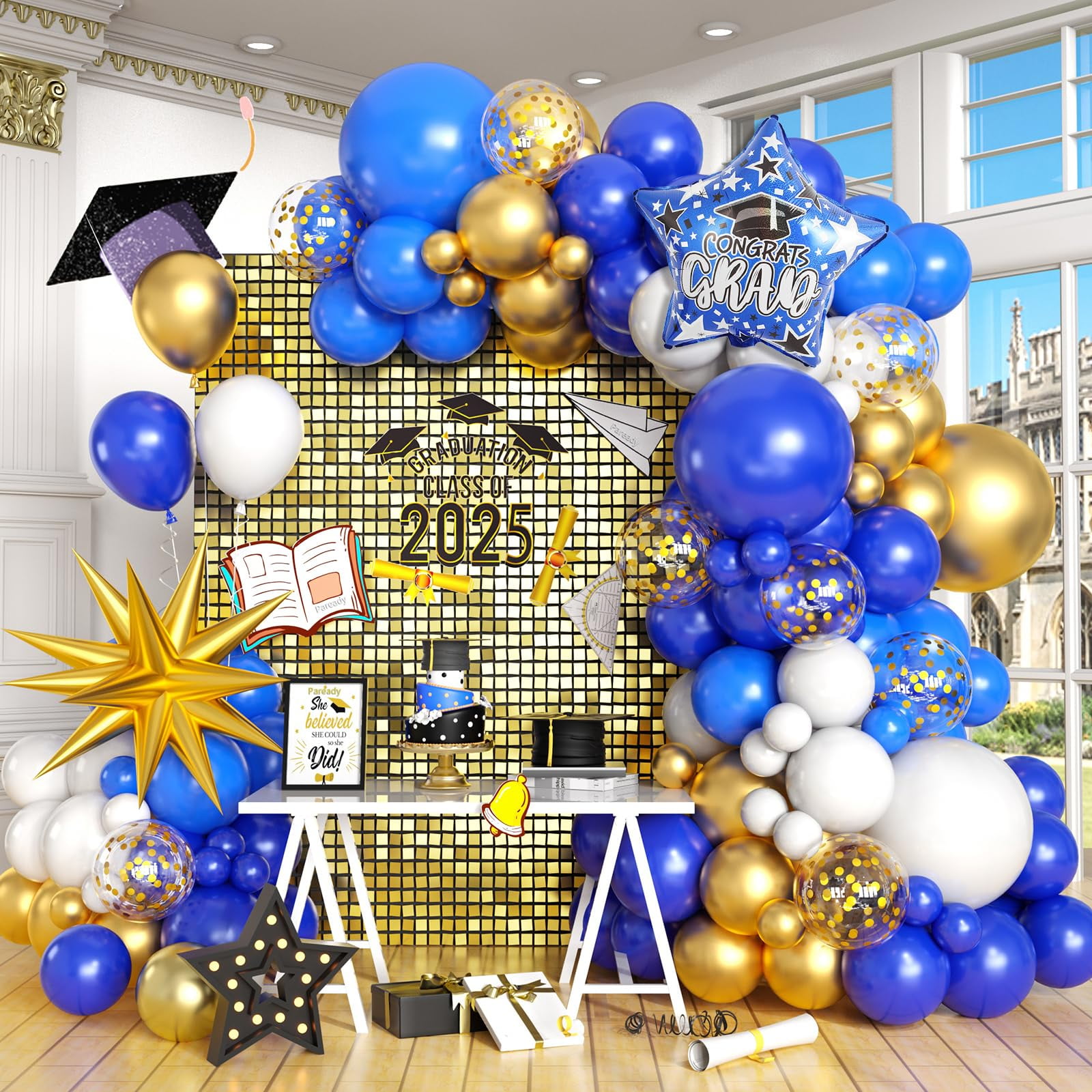 Blue Gold White FEV6 Balloons Arch Kit with Explosion Star 4D Gold Foil ...