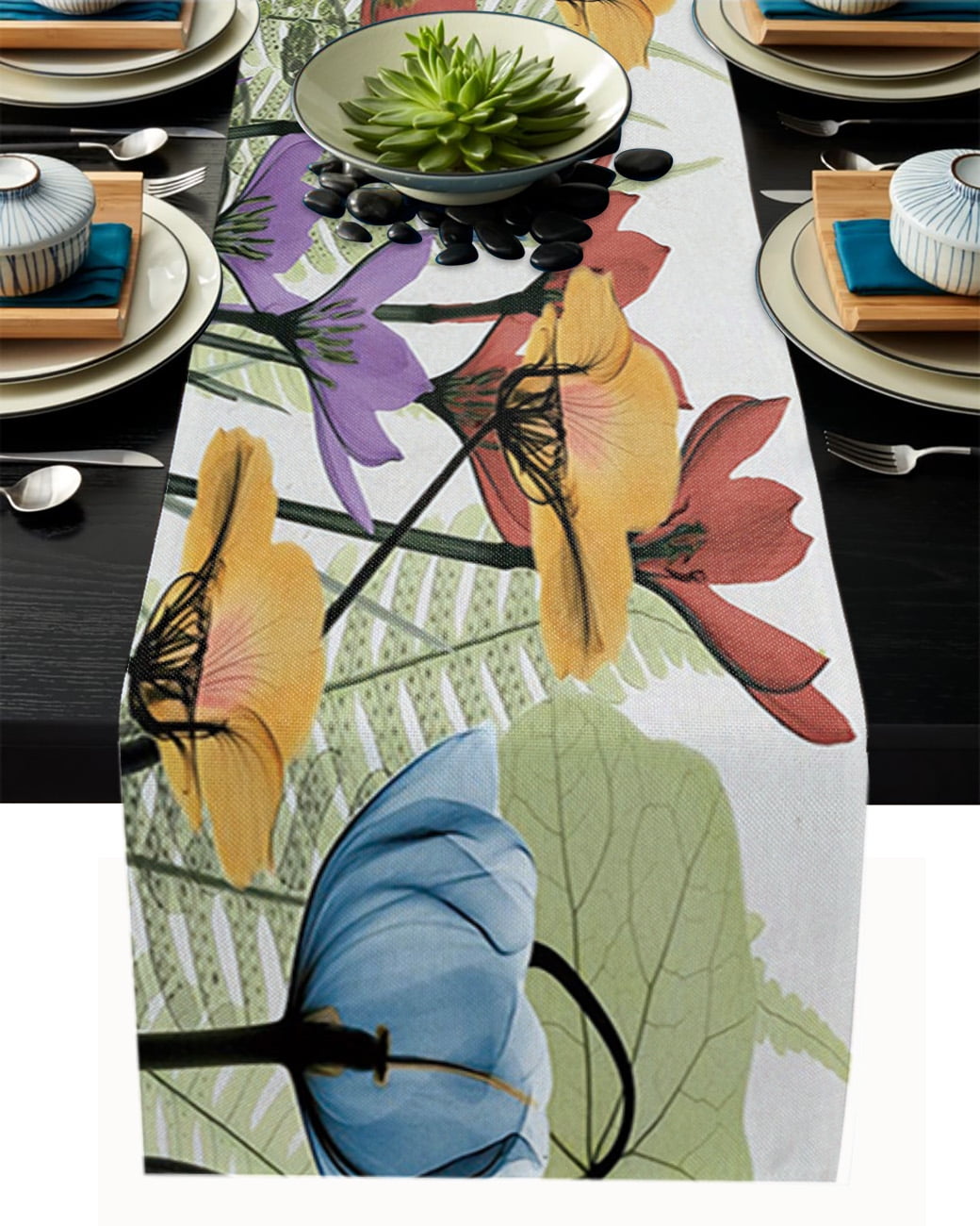 Blue Golden Abstract Flower Linen Table Runners Wedding ration Hotel ...