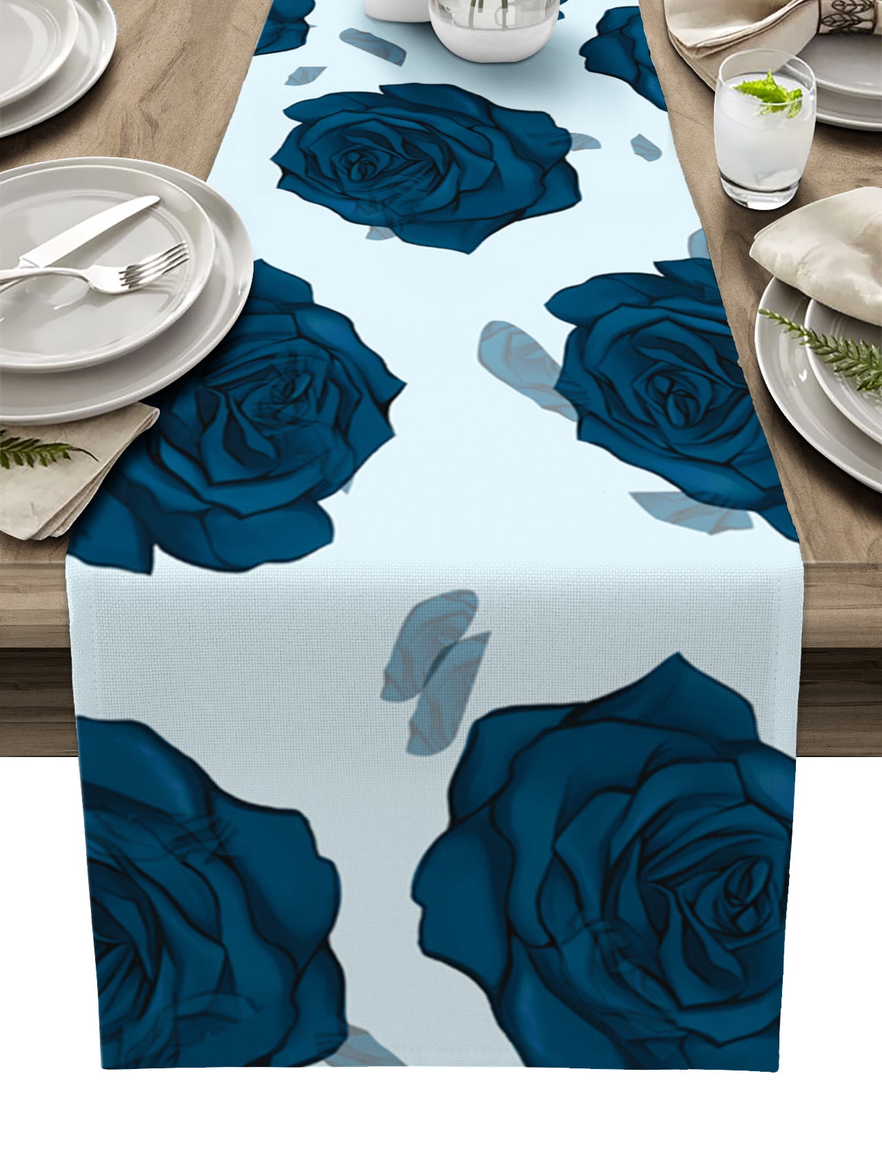 Blue Golden Abstract Flower Linen Table Runners Wedding ration Hotel ...