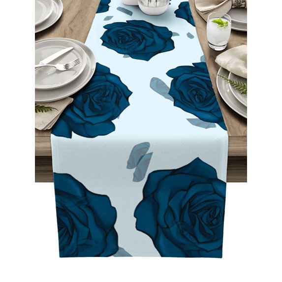 Blue Golden Abstract Flower Linen Table Runners Wedding ration Hotel ...