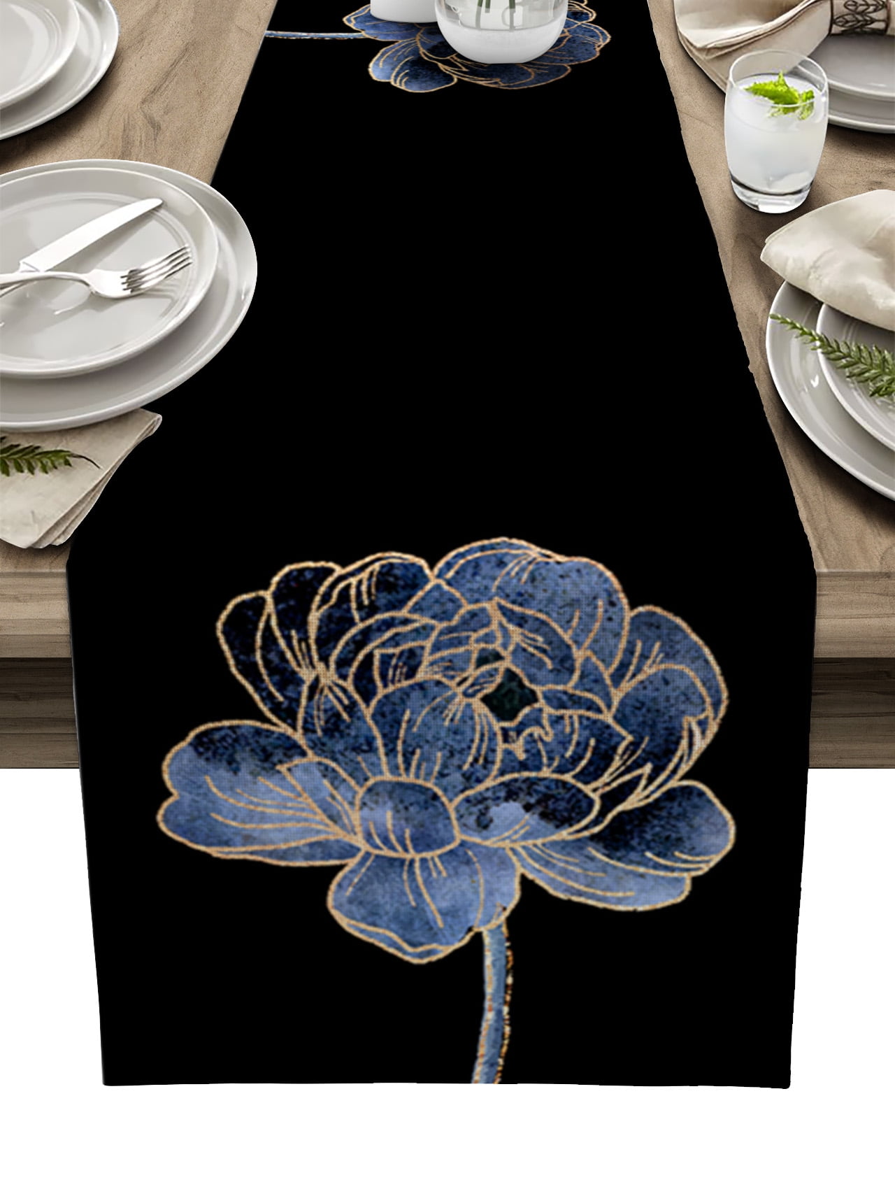 Blue Golden Abstract Flower Linen Table Runners Wedding ration Hotel ...