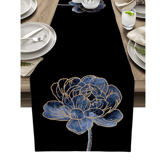 Blue Golden Abstract Flower Linen Table Runners Wedding ration Hotel ...