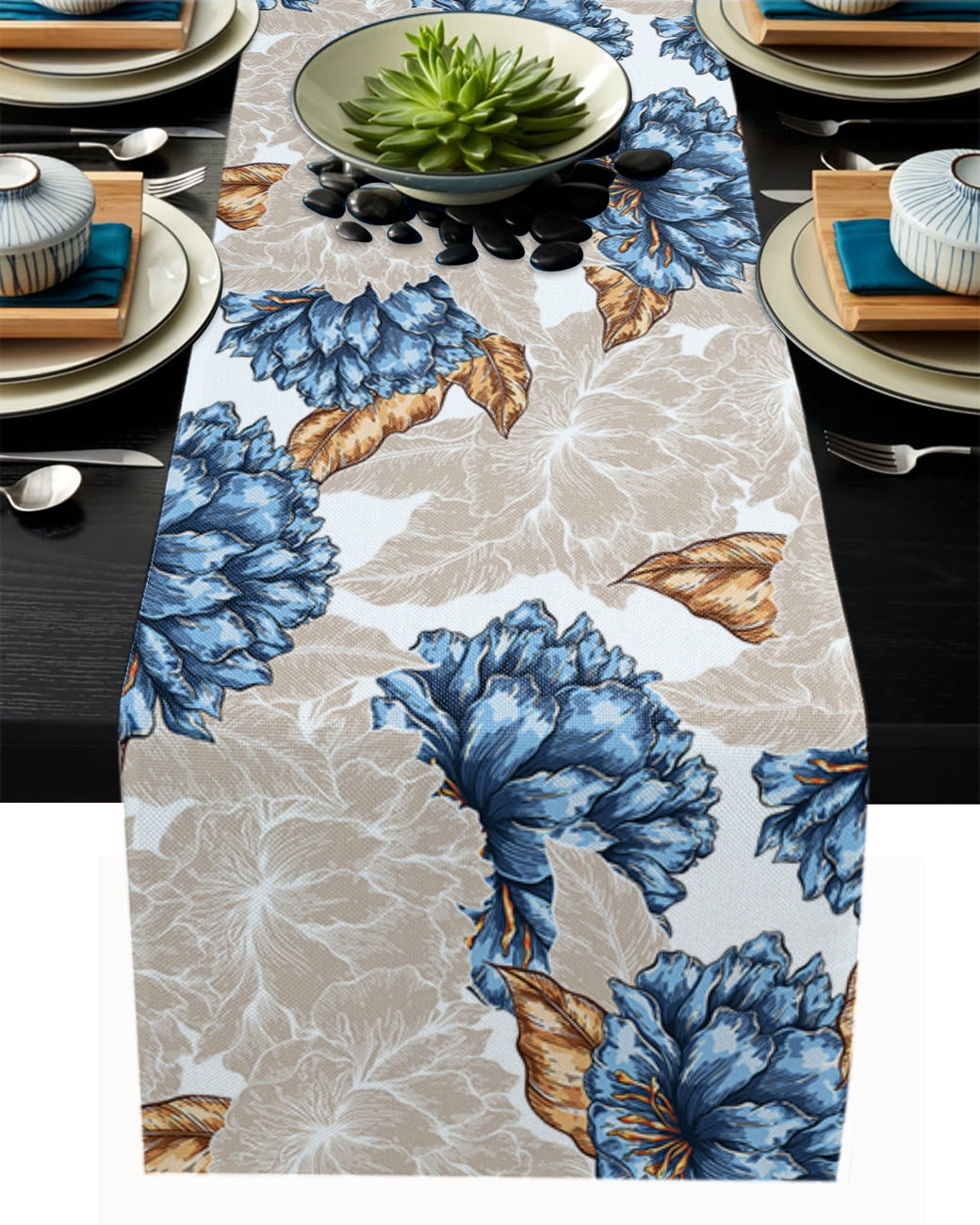 Blue Golden Abstract Flower Linen Table Runners Wedding ration Hotel ...