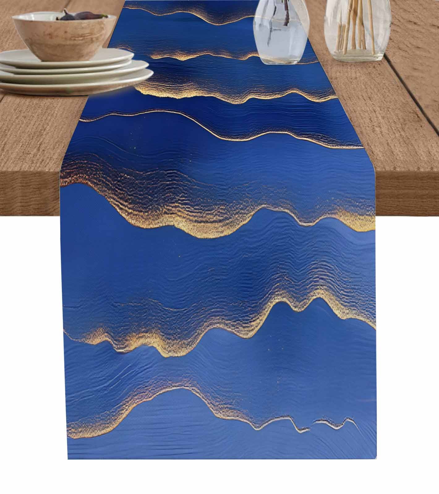 Blue Golden Burlap Cotton Table Runner 16x72 Inches Long, Abstract Oil ...