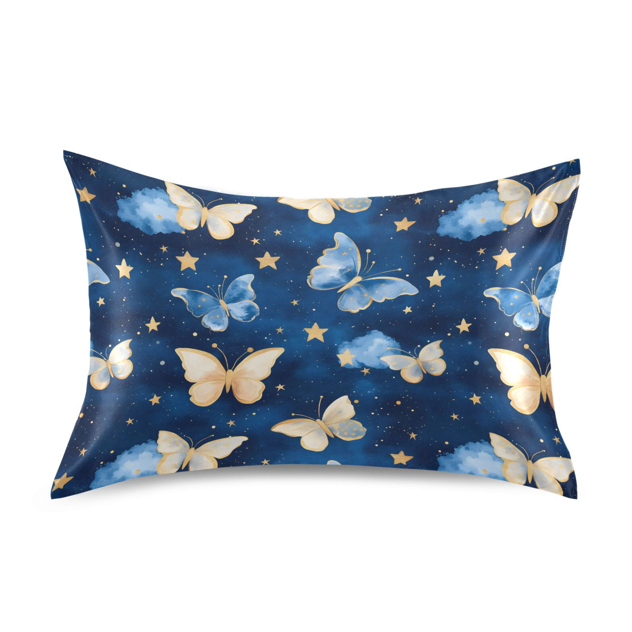 Blue Golden Butterfly Pillowcase King Size 40''x20'' Satin Double-Sided ...