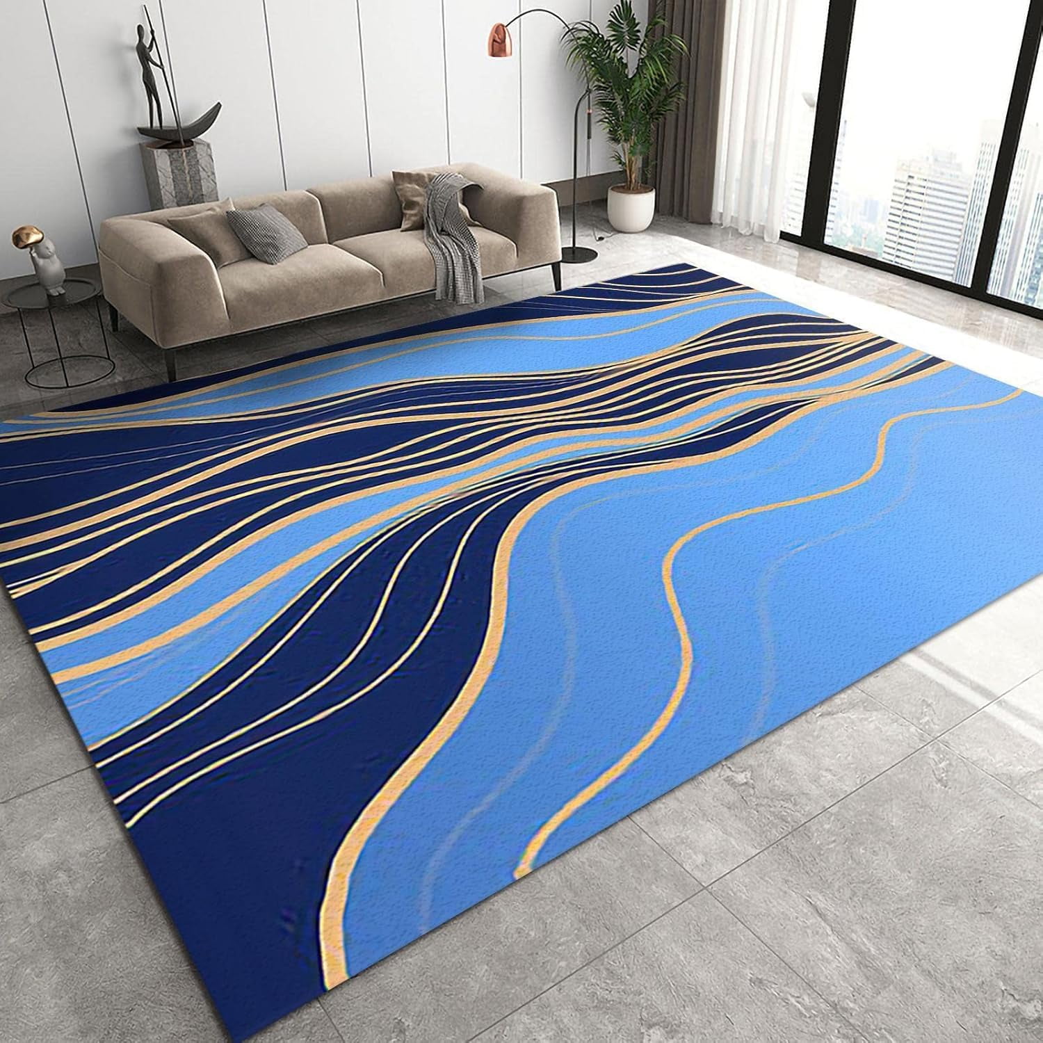 Blue Golden Curve Kids Area Rugs, Modern Light Luxury Simple Area Rug ...