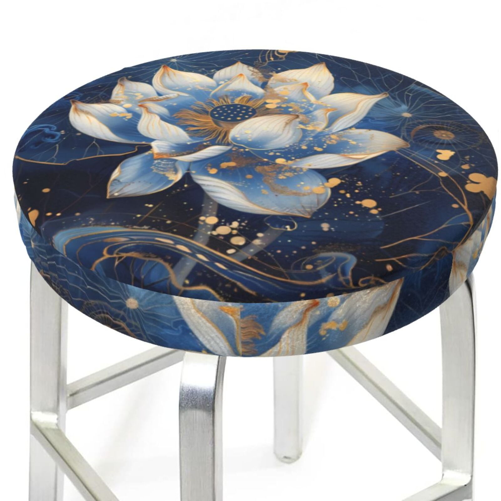 Blue Golden Dream Lotus Bar Stool Covers - Stretch Round Seat Covers ...