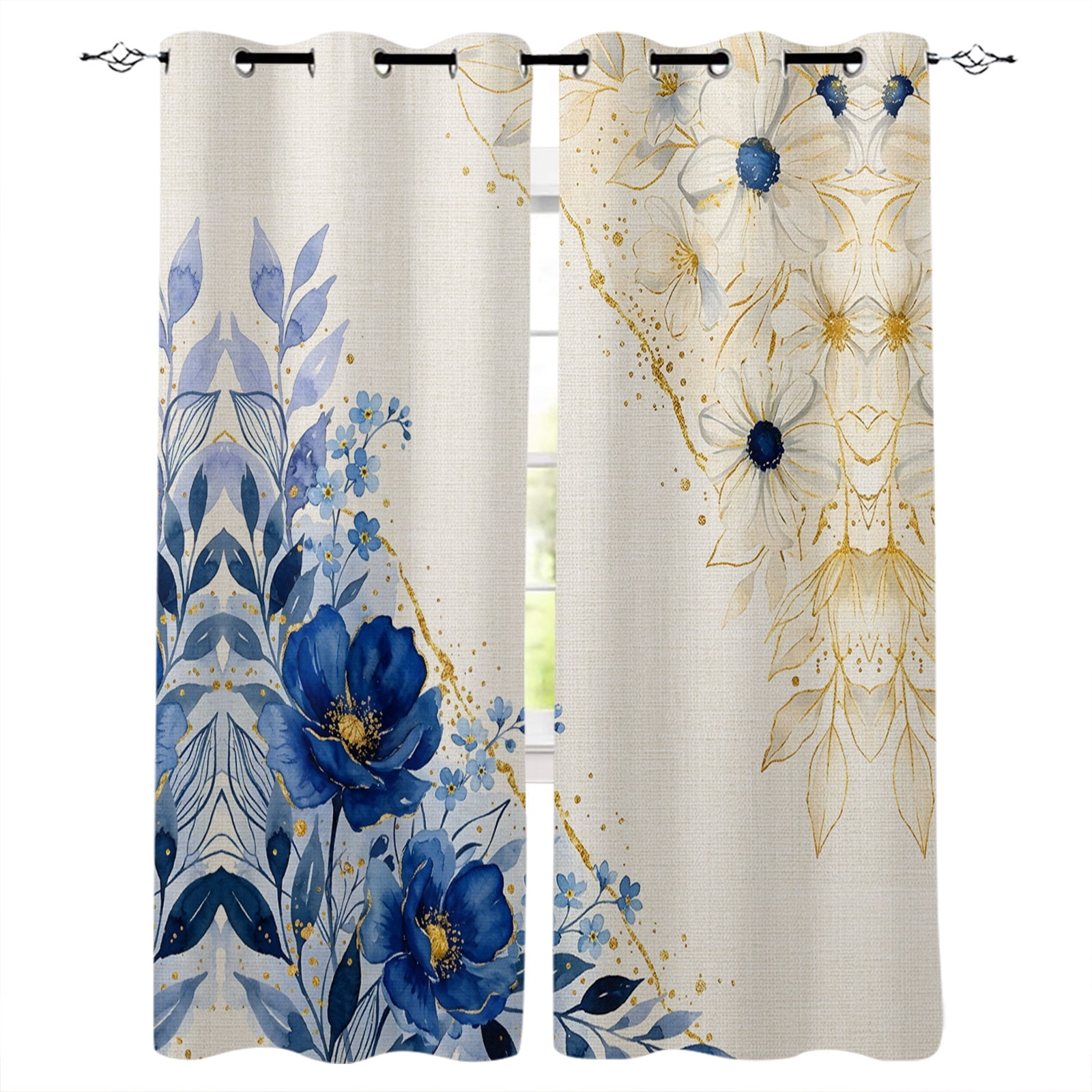 Blue Golden Floral Blackout Curtains for Bedroom Living Room Darkening ...