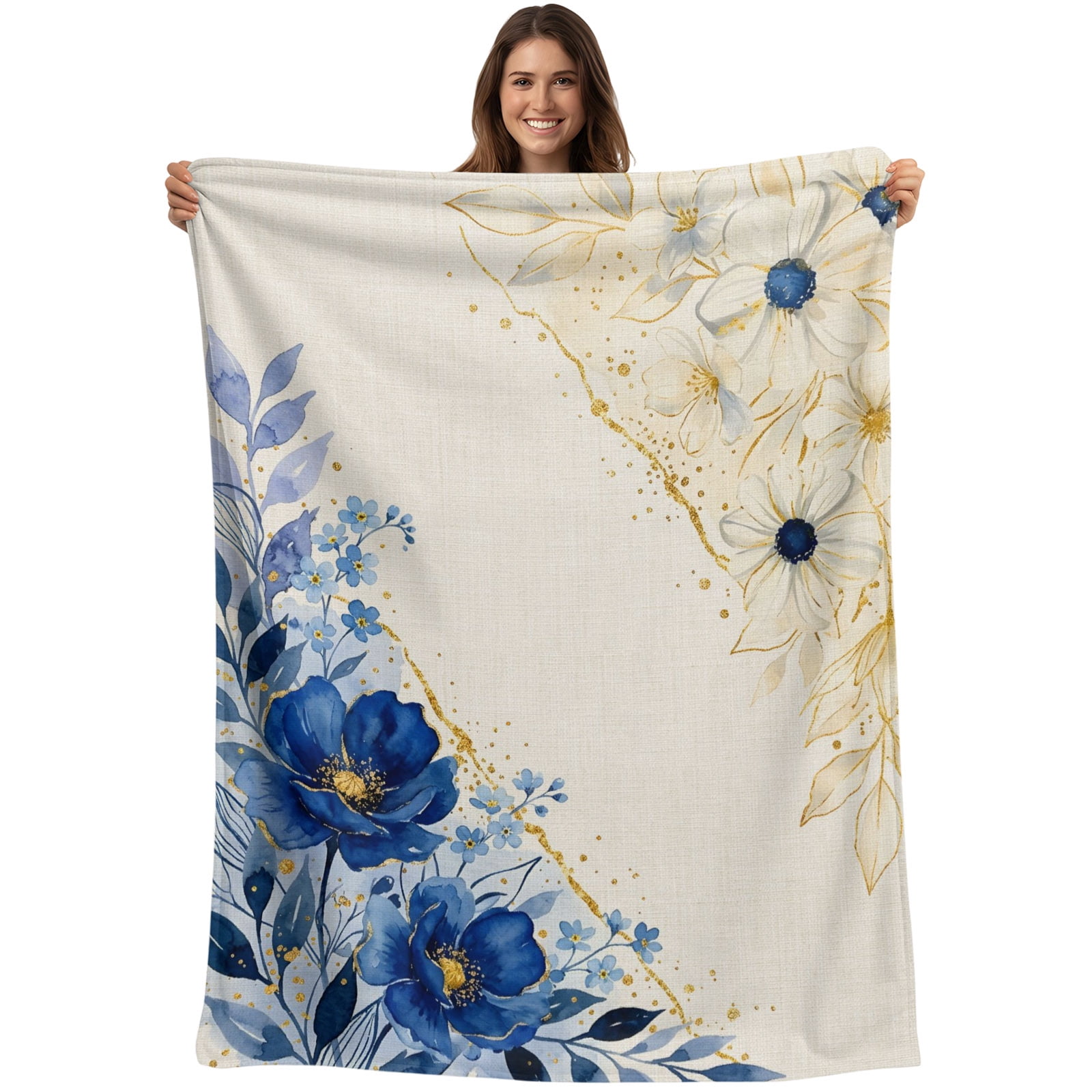 Blue Golden Floral Blanket Soft Cozy Warm Throw Blanket for Couch ...