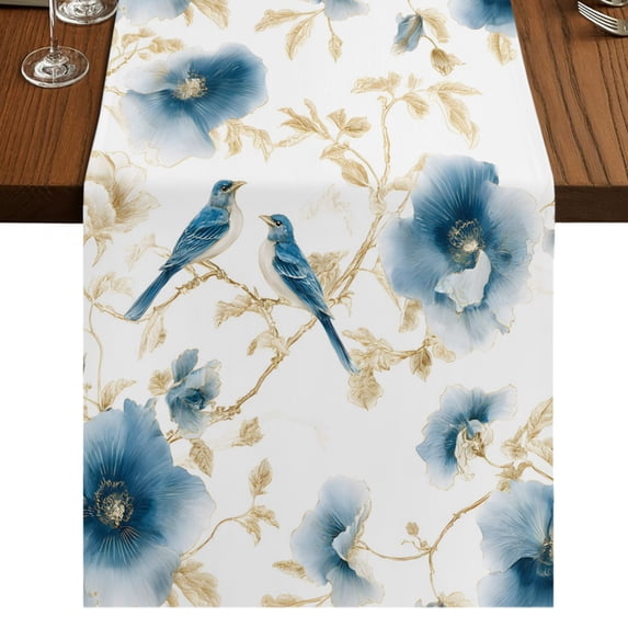Blue Golden Floral Burlap Cotton Table Runner 13x70 Inches Long, Birds ...