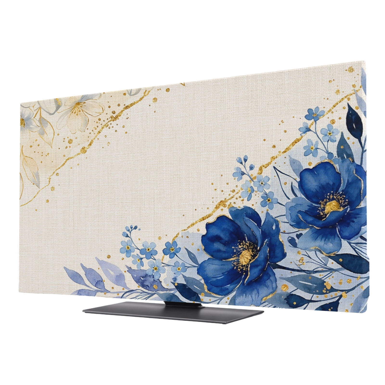 Blue Golden Floral TV Cover for 24 Inch Screen, Stretch Fabric ...