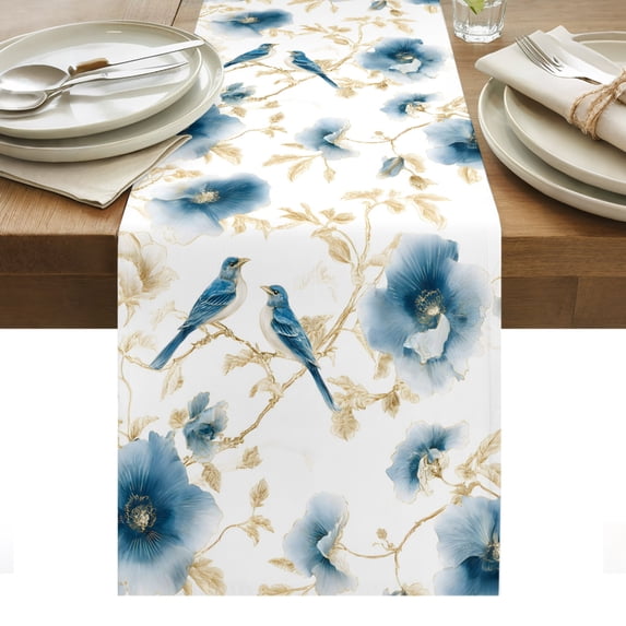 Blue Golden Floral Table Runner Birds Summer Elegant Flower Rustic ...