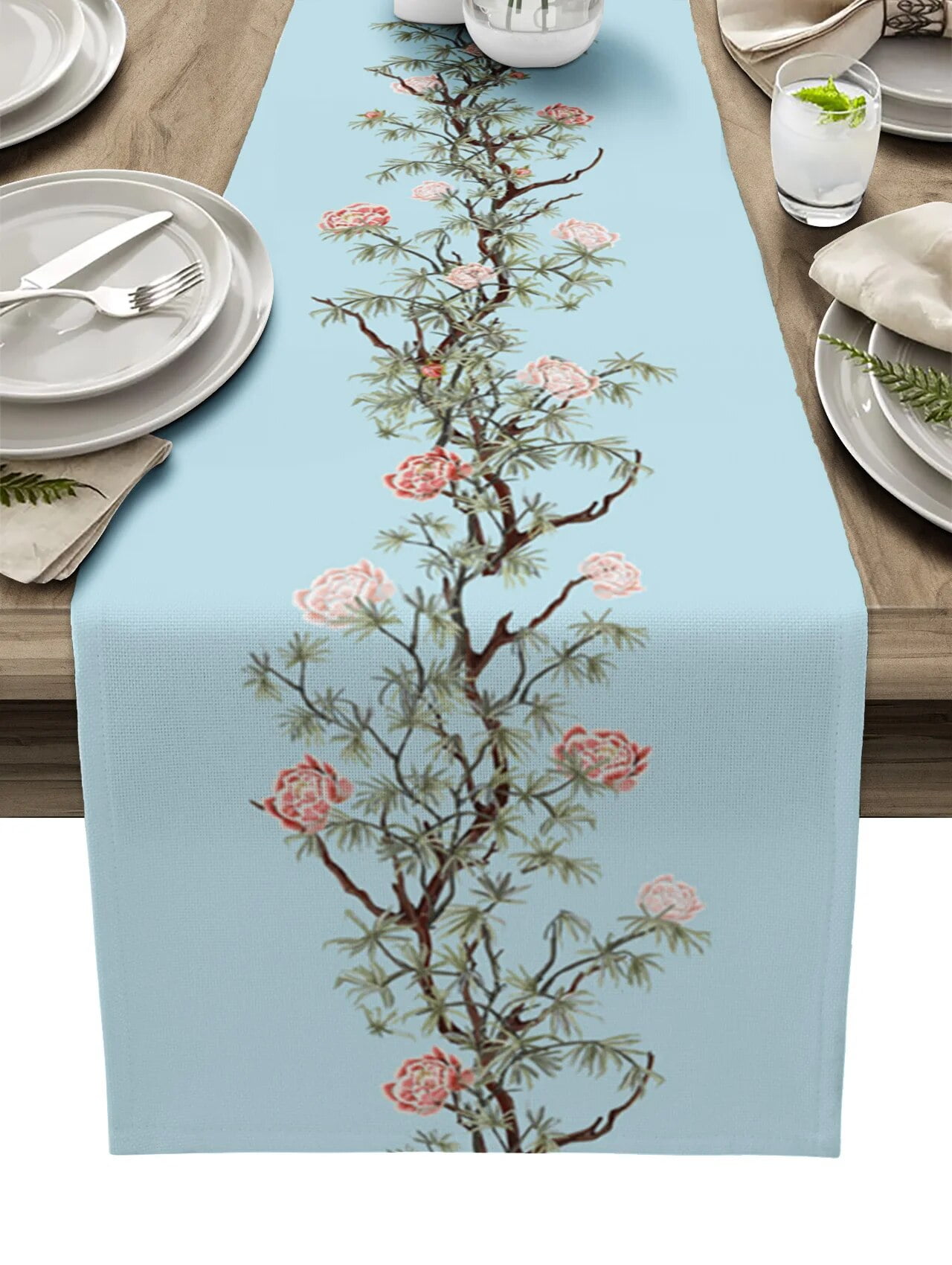 Blue Golden Flower Abstract Table Runner Wedding Decor Dining Table ...