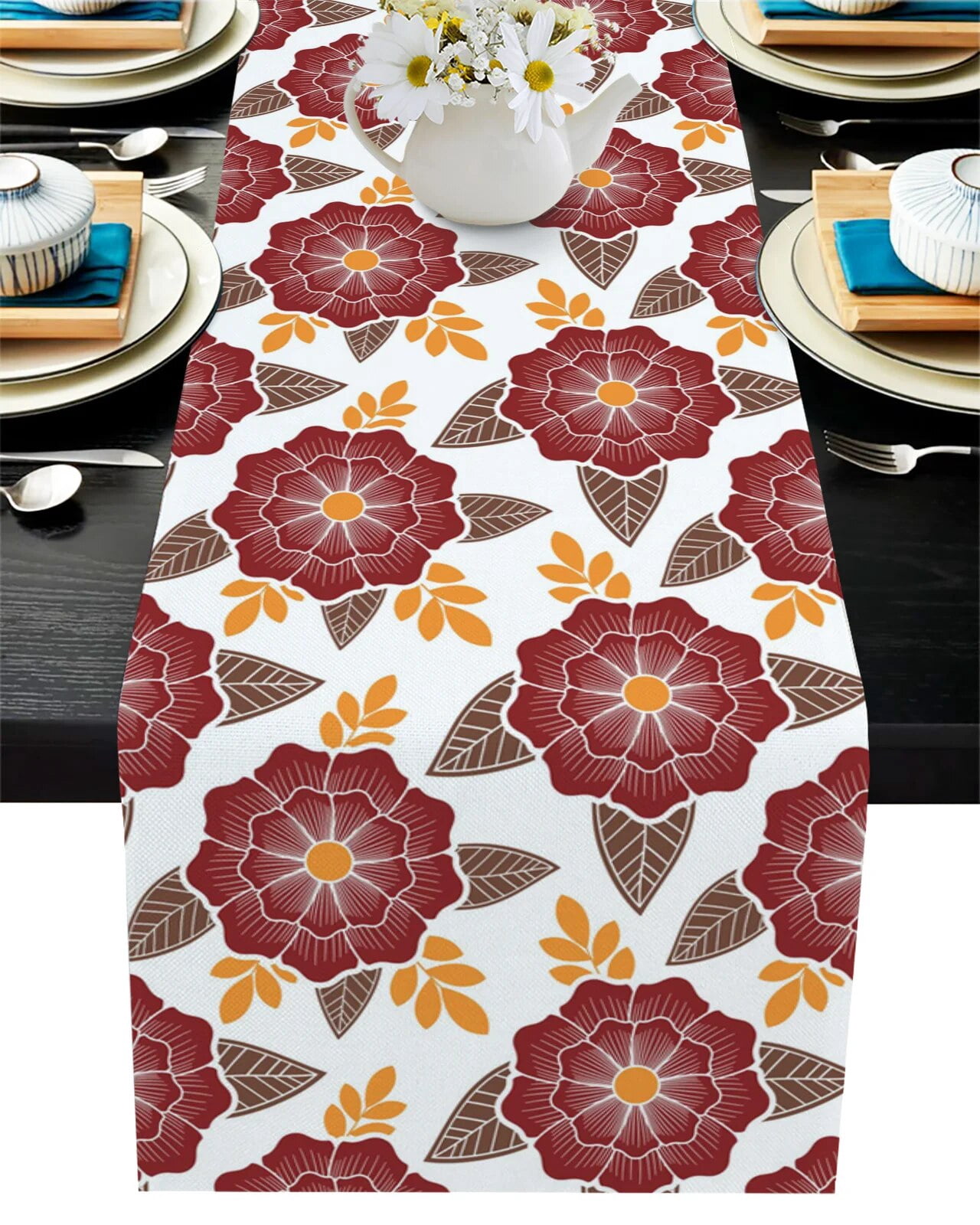 Blue Golden Flower Abstract Table Runner Wedding Decor Dining Table ...