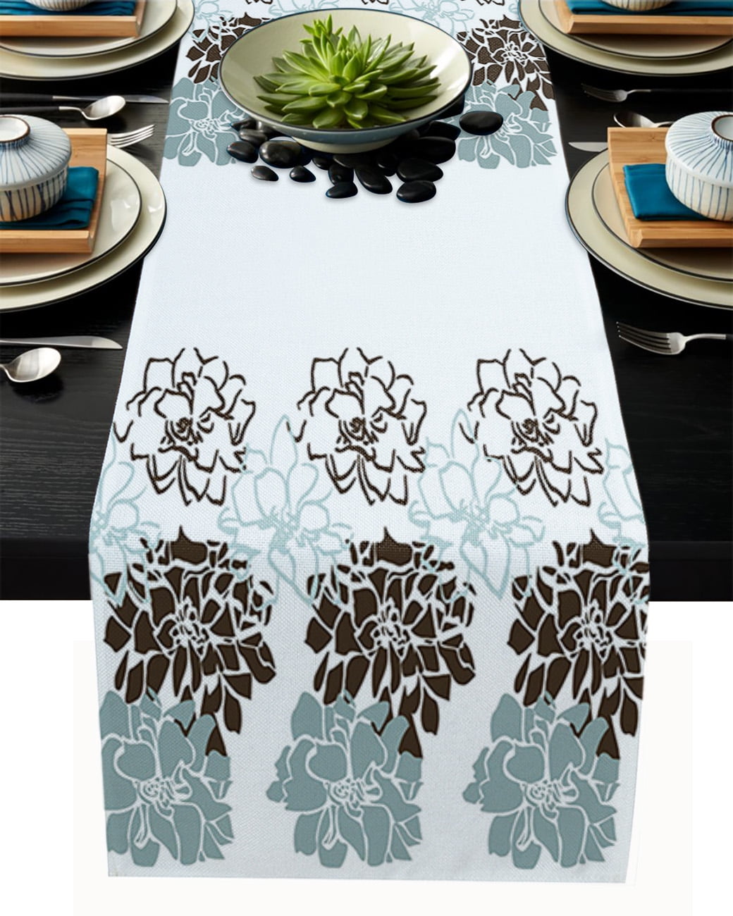 Blue Golden Flower Abstract Table Runner Wedding r Dining Table Runner ...