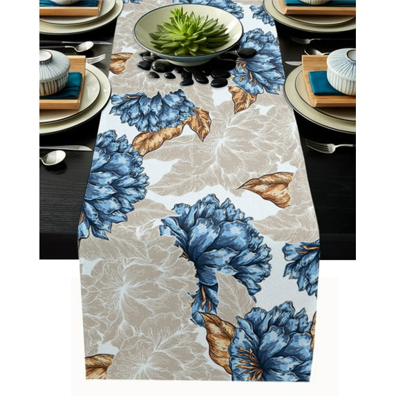 Blue Golden Flower Abstract Table Runner Wedding r Dining Table Runner ...