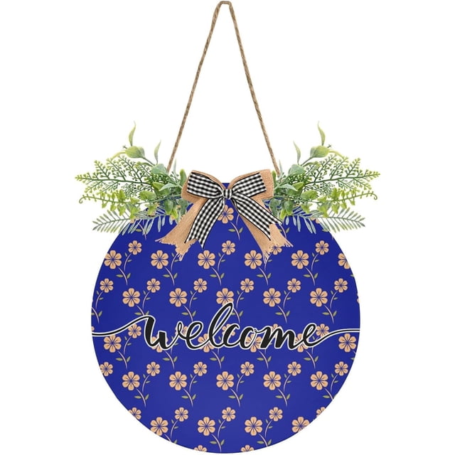 Blue Golden Flower Floral Welcome Sign Farmhouse Front Porch Door ...