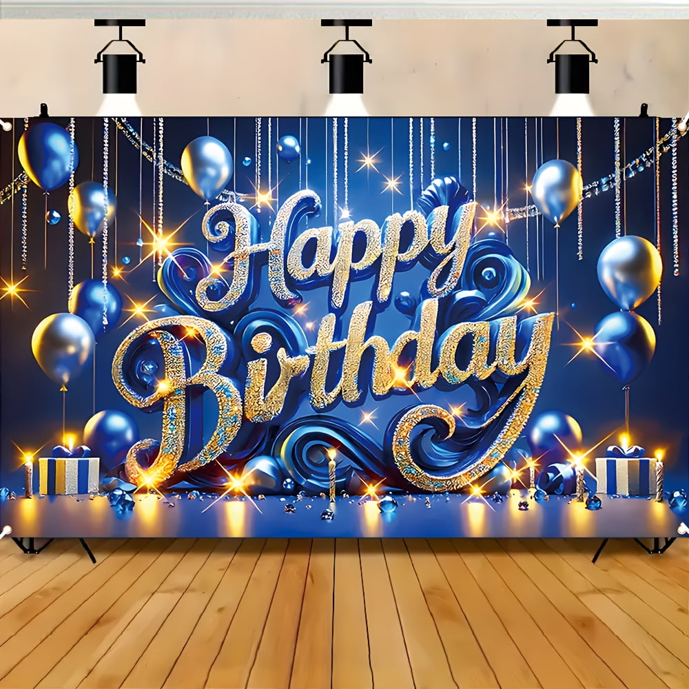 Blue and Golden Happy Birthday Backdrop Glitter Gold Diamonds Balloons ...