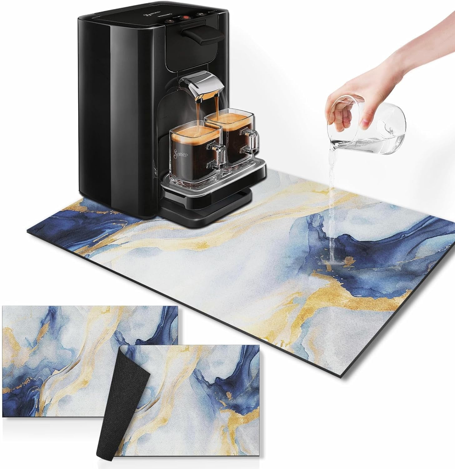 Blue Golden Marble Coffee Mat for Countertops, Gold Teal Modern Dish ...