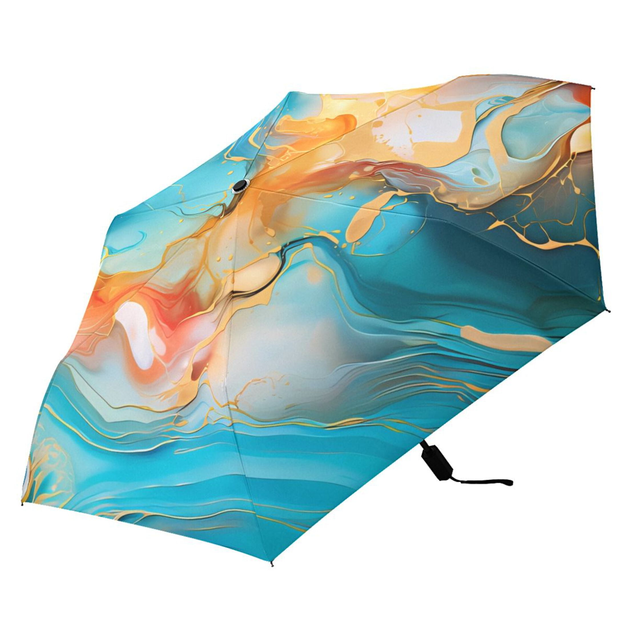 Blue Golden Marble Compact Folding Umbrella for Rain Windproof Travel ...