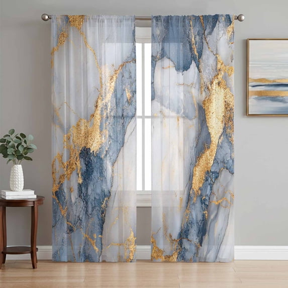Blue Golden Marble Semi Sheer Curtains 84 Inch Length 2 Panels Set ...